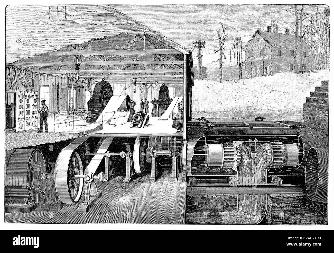 Hydroelectric power. 19th-century cutaway artwork showing the turbines ...