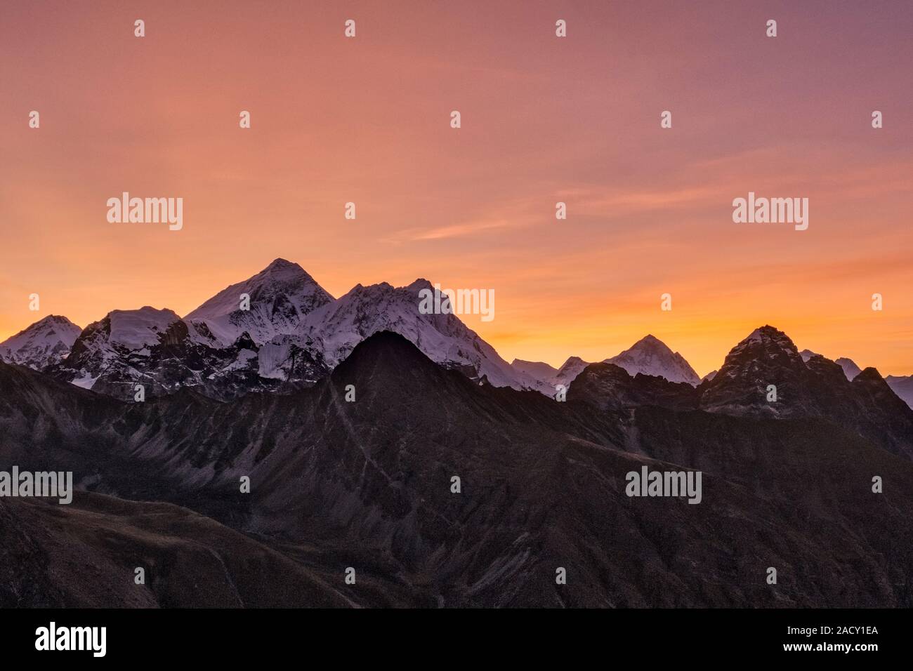Summit of Mt. Everest and Mt. Makalu, seen from summit of Gokyo Ri ...