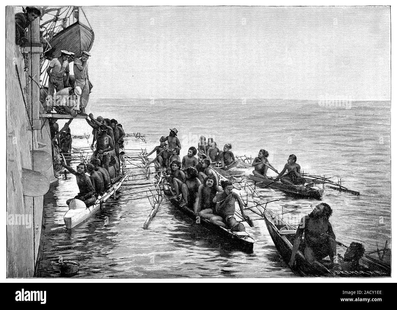 Polynesian canoes. 19th-century artwork of Samoan islanders in ...