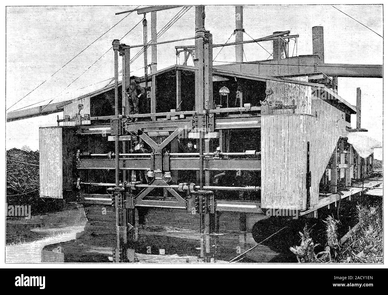 Canal construction machine. 19th-century artwork of a hydraulic ...