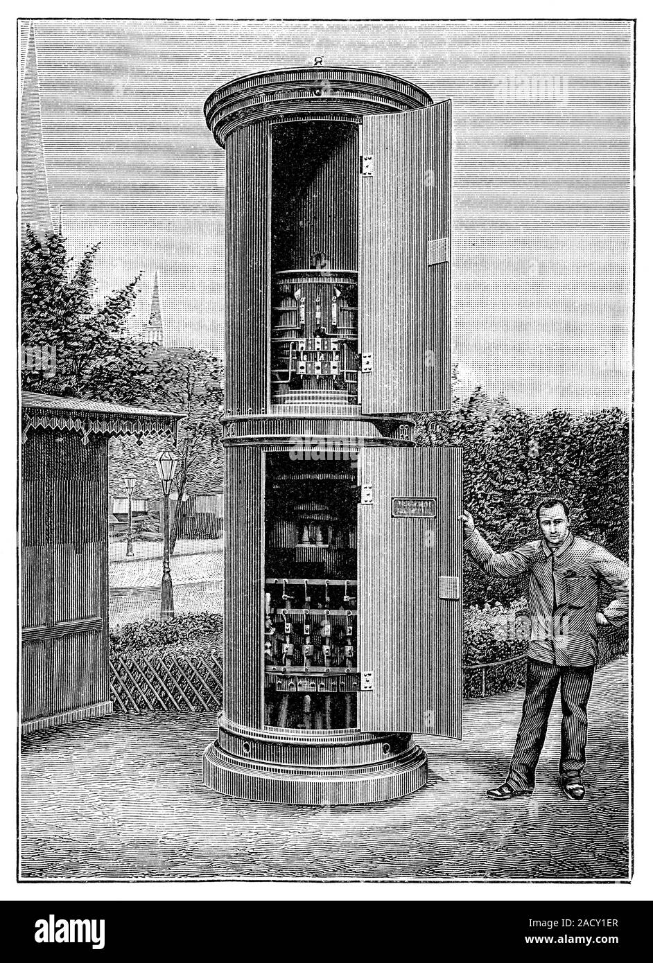 Public transformer station. 19th-century artwork of an electricity ...