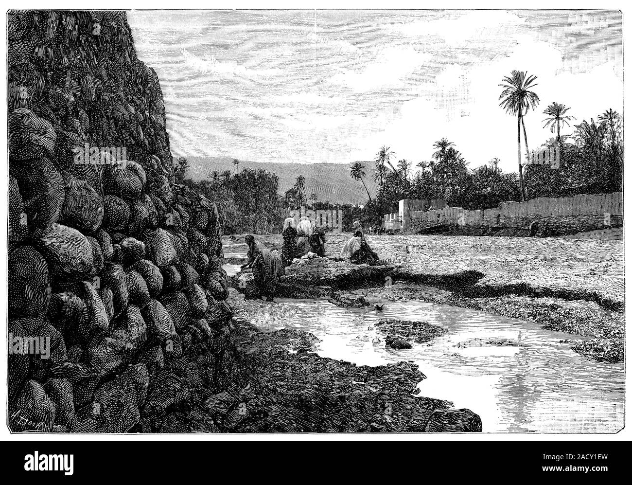 Saharan oasis. 19th-century artwork of villagers collecting water at an ...