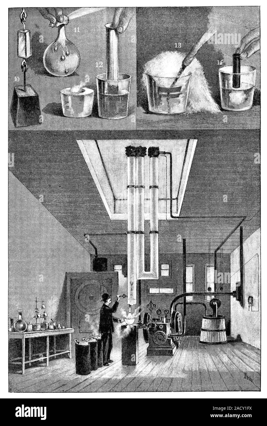 Liquid air experiments. 19th-century artwork of experiments carried out ...