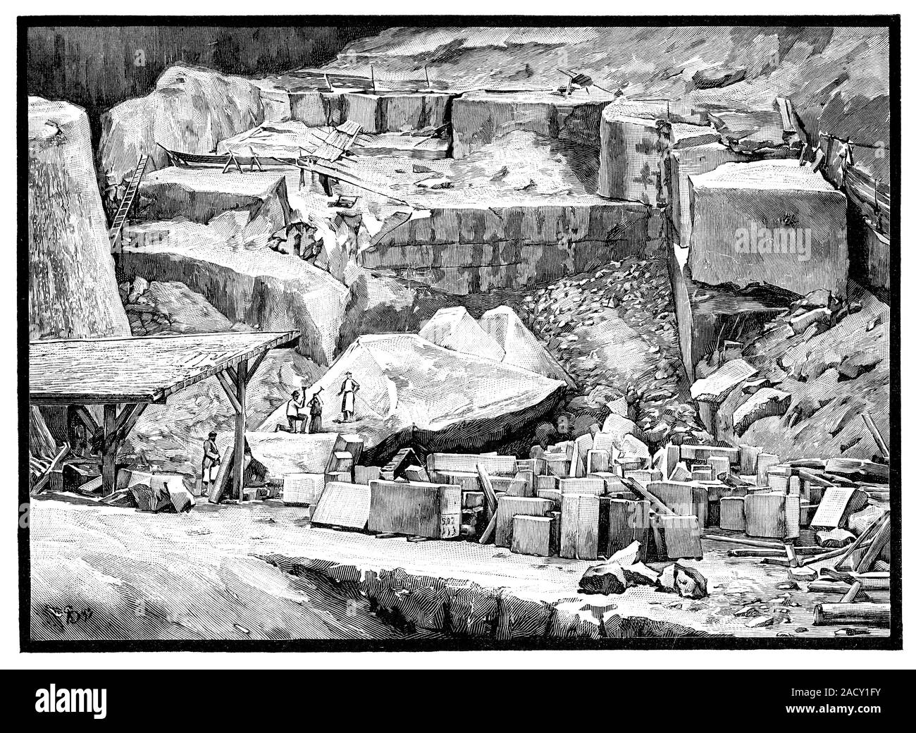 Marble quarry. 19th-century artwork of workers in an open marble pit in ...