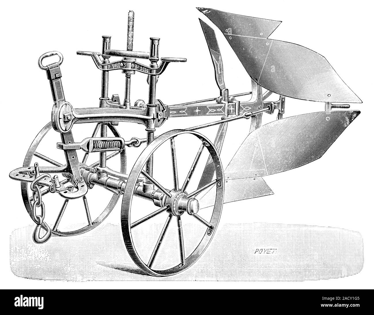 Dual-Brabant plough, 19th-century artwork. This form of plough is ...