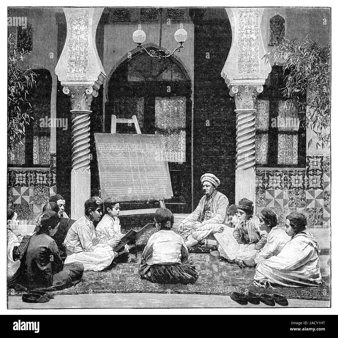 Arabic school in Algeria. 19th-century artwork of a teacher instructing ...