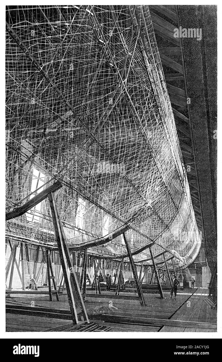 First Zeppelin under construction. Early 20th-century artwork of the ...