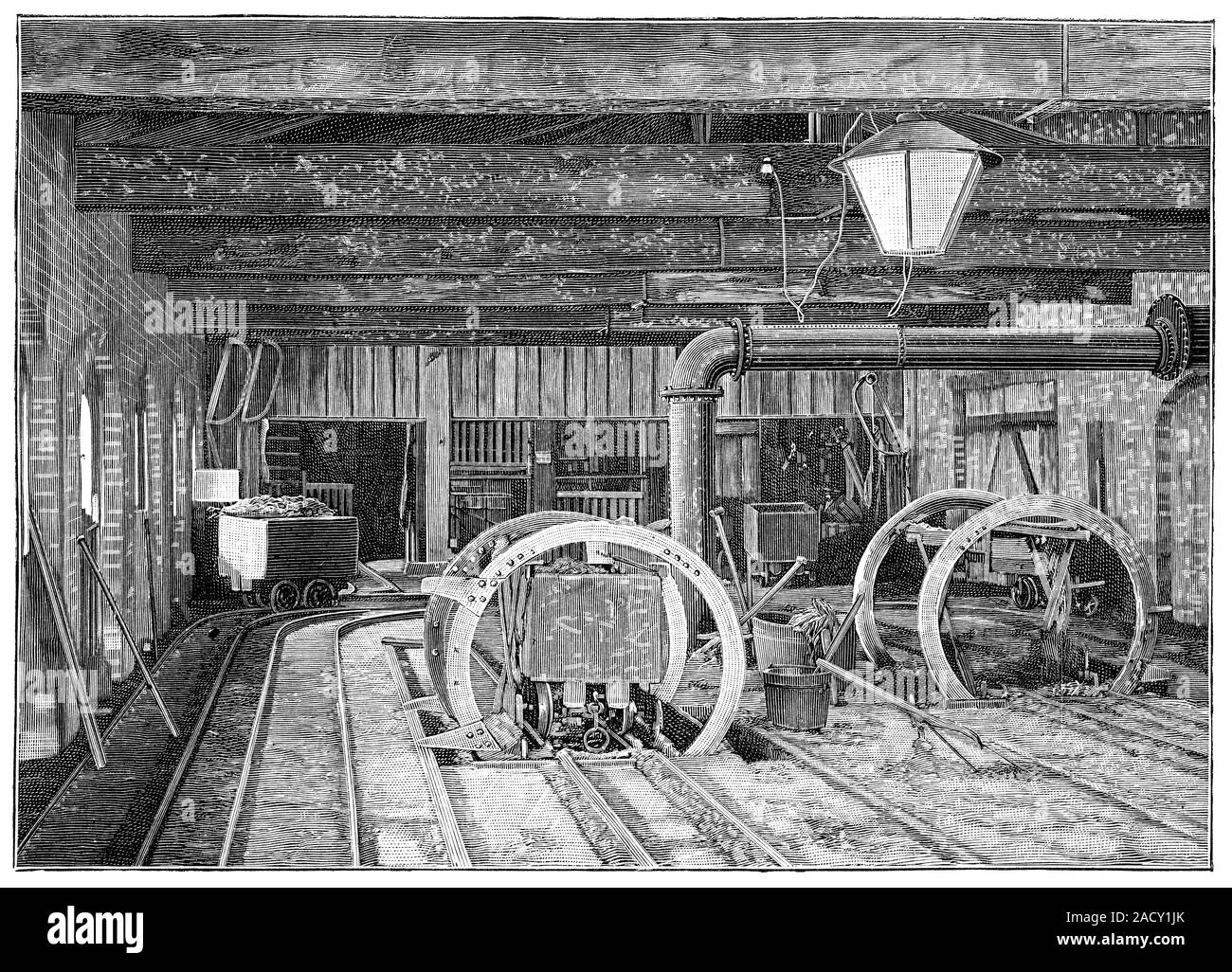Amber industry. Early 20th-century artwork of mining trolleys in a ...