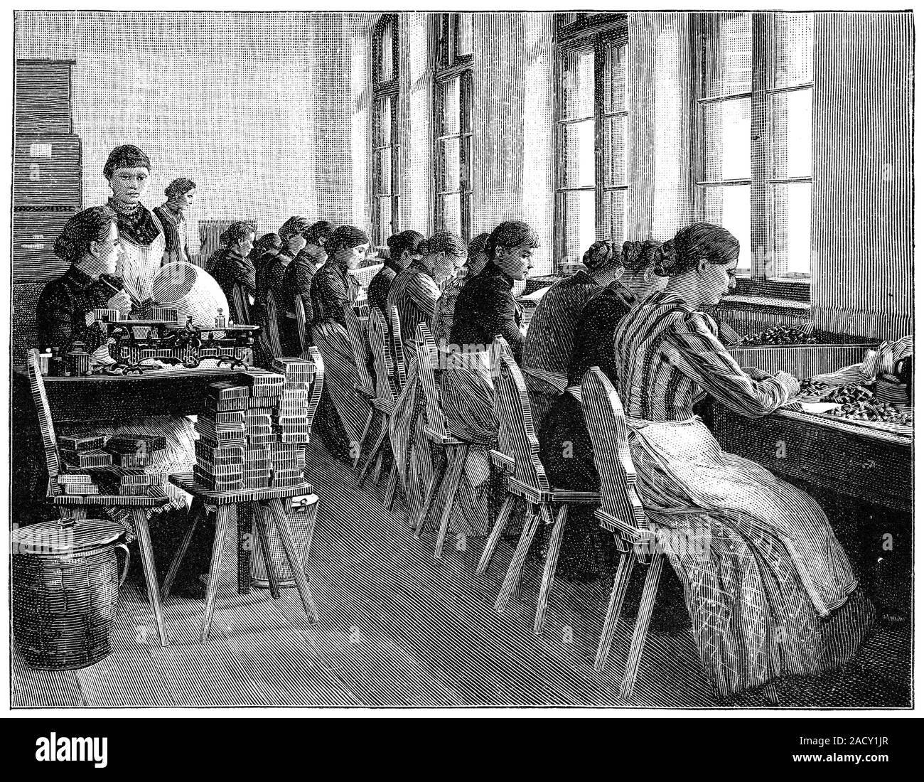 Amber industry. Early 20th-century artwork of women in a factory ...