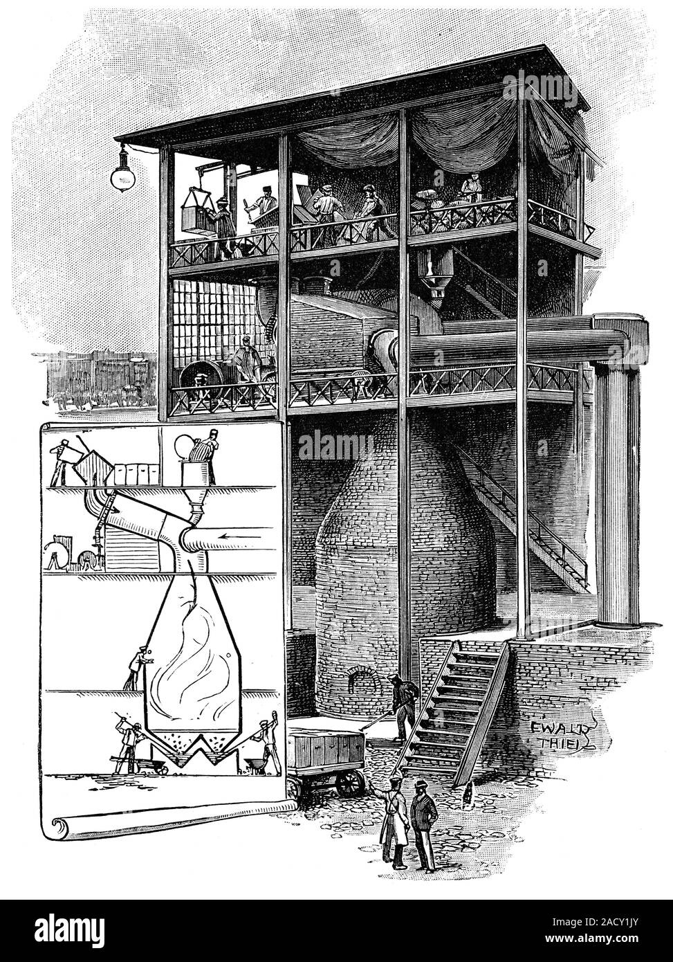 Waste incinerator. Early 20th-century artwork of an early form of ...