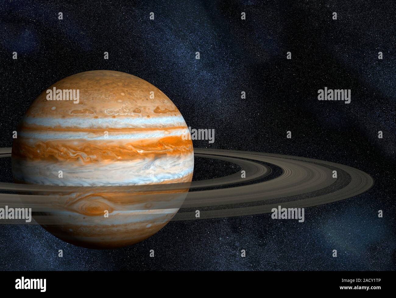 Jupiter and its rings, artwork. Jupiter is the fifth planet from the ...
