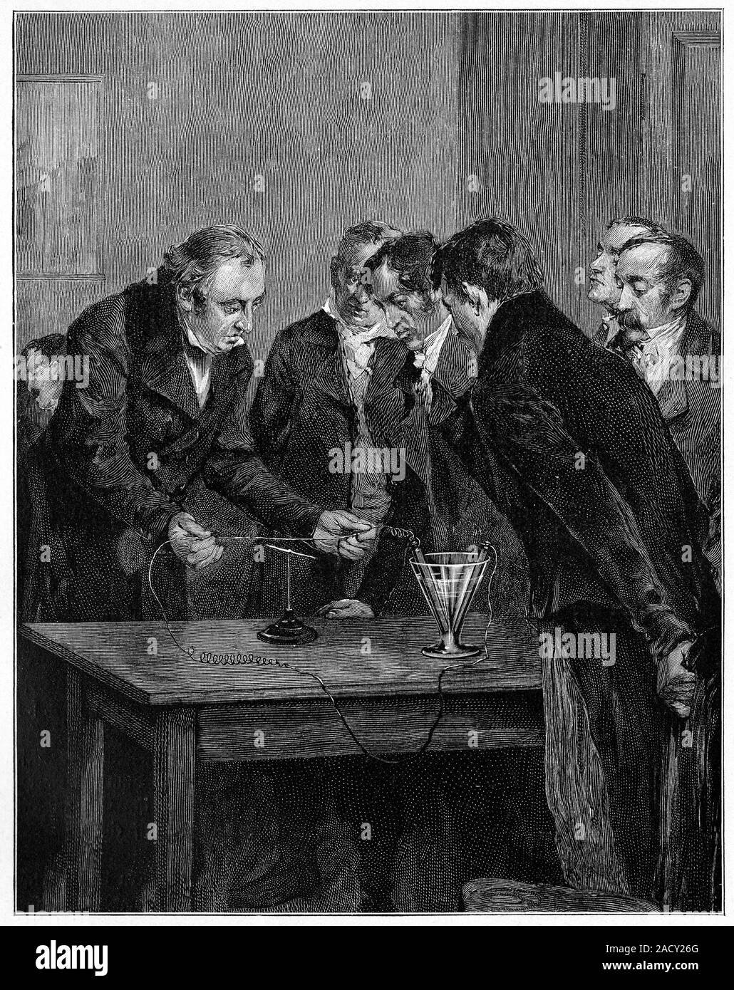 Hans Orsted experimenting. Circa 1820 German engraving of the Danish ...