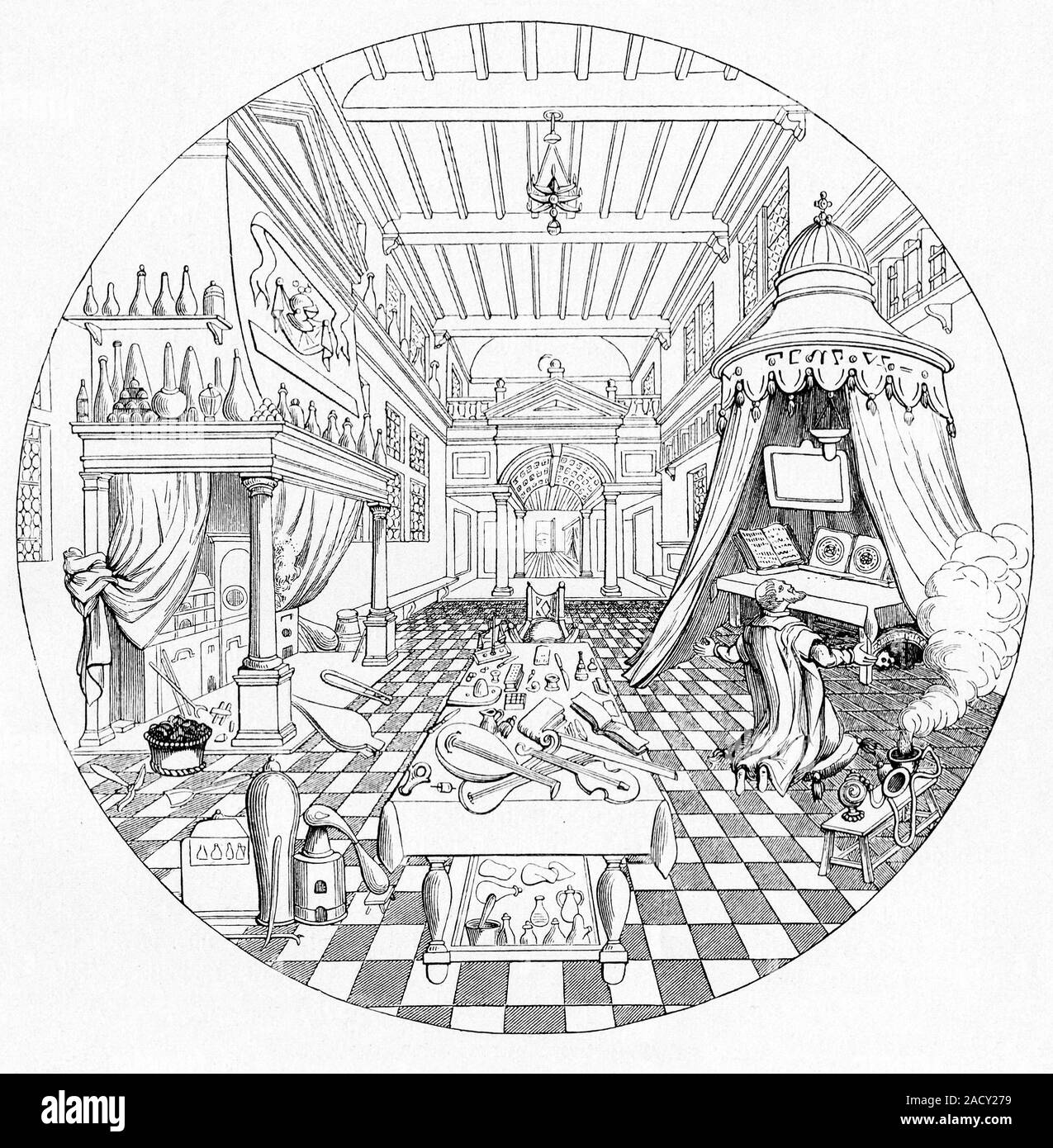 16th Century alchemist's laboratory. Historical German engraving of an ...