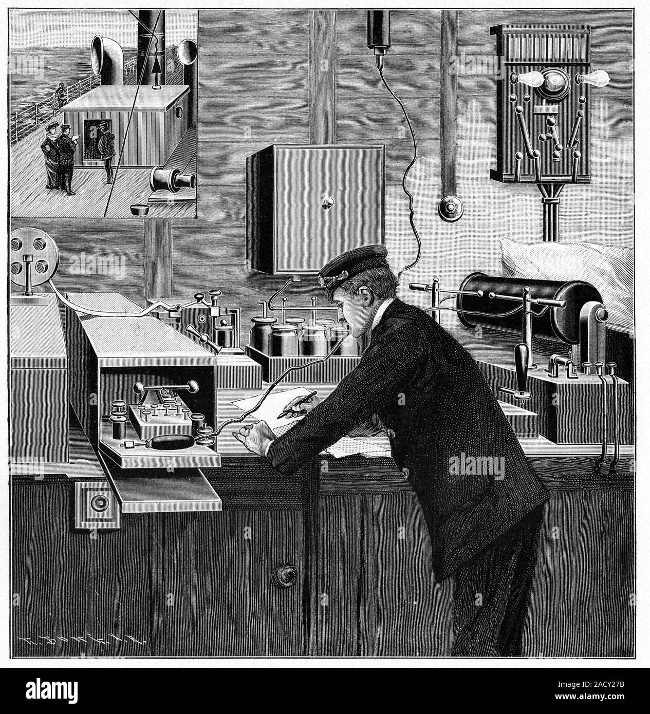 19th Century wireless telegraphy station. Historical engraving of a ...