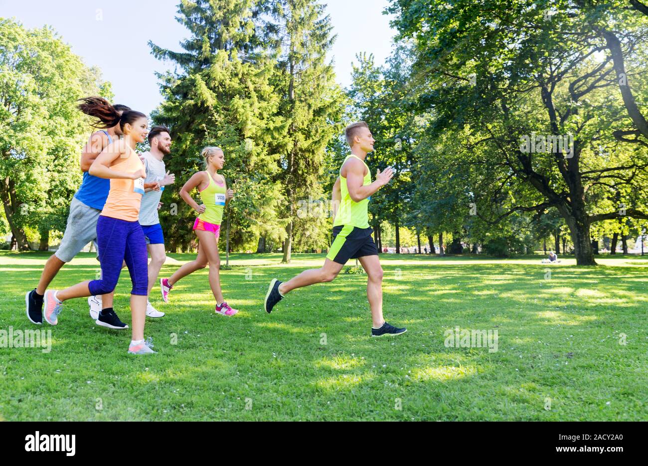 fitness, sport, race and healthy lifestyle concept - group of happy ...