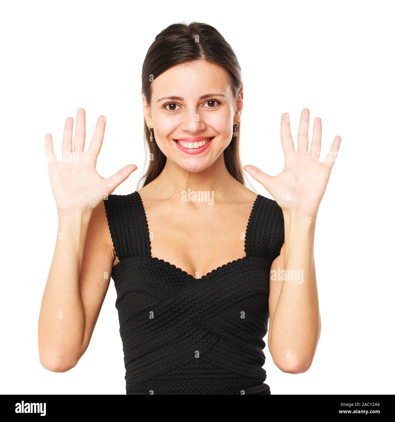 Hand counting - ten fingers. Portrait beautiful brunette women ...