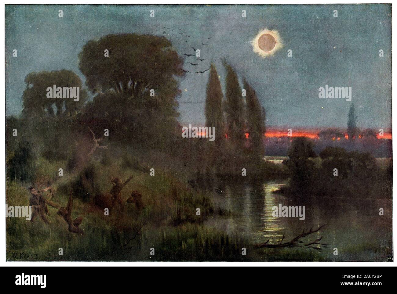 Total solar eclipse. Historical artwork by Wilhelm Kranz of a group of ...