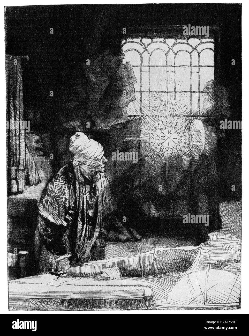 Faust by Rembrandt. Circa 1653 etching by Rembrandt depicting the fictional German character ...