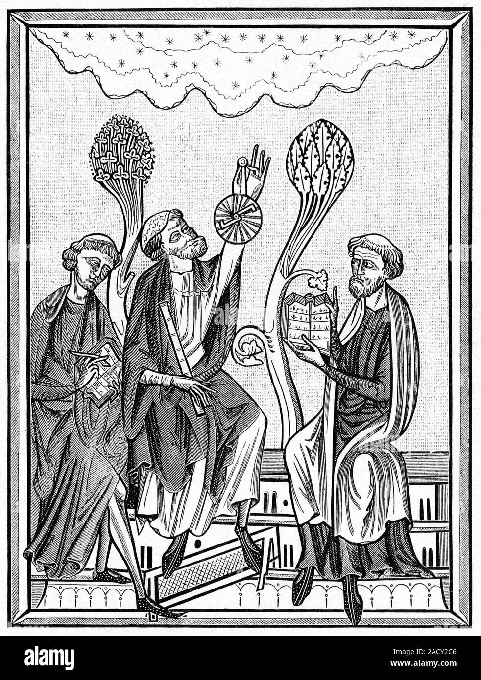 13th Century astronomers. Historical engraving inspired by a mediaeval ...
