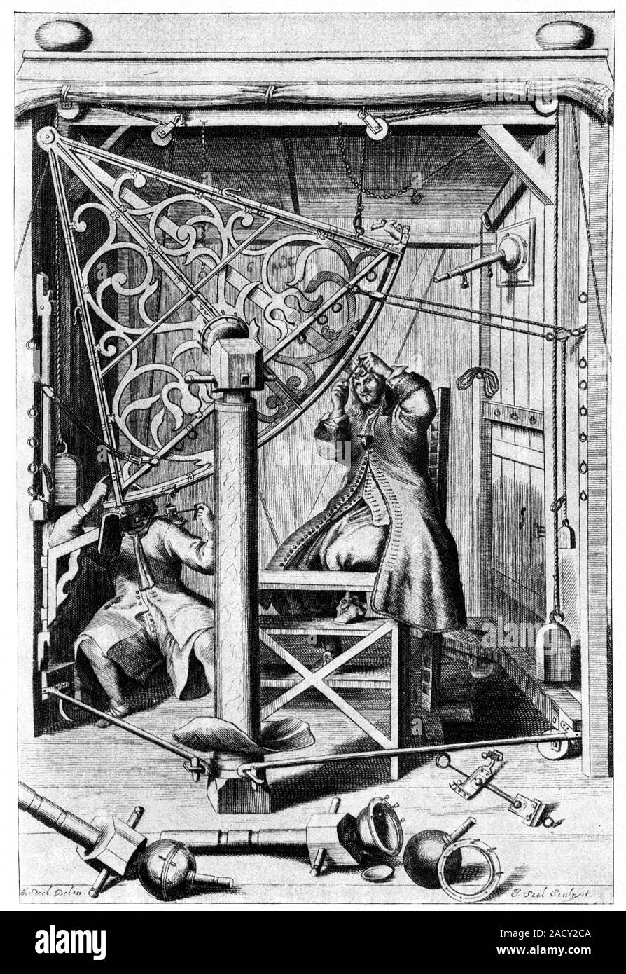 17th Century astronomer. 1673 engraving of a 17th Century astronomer in ...