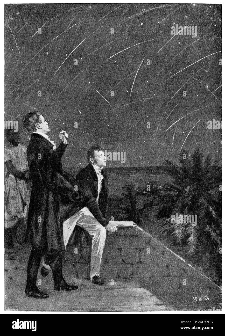 Bonpland and Humboldt observing the stars. Historical engraving of the ...