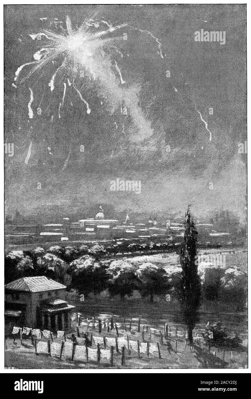 Meteorite shower. Historical engraving, by Wilhelm Kranz, of meteorites ...