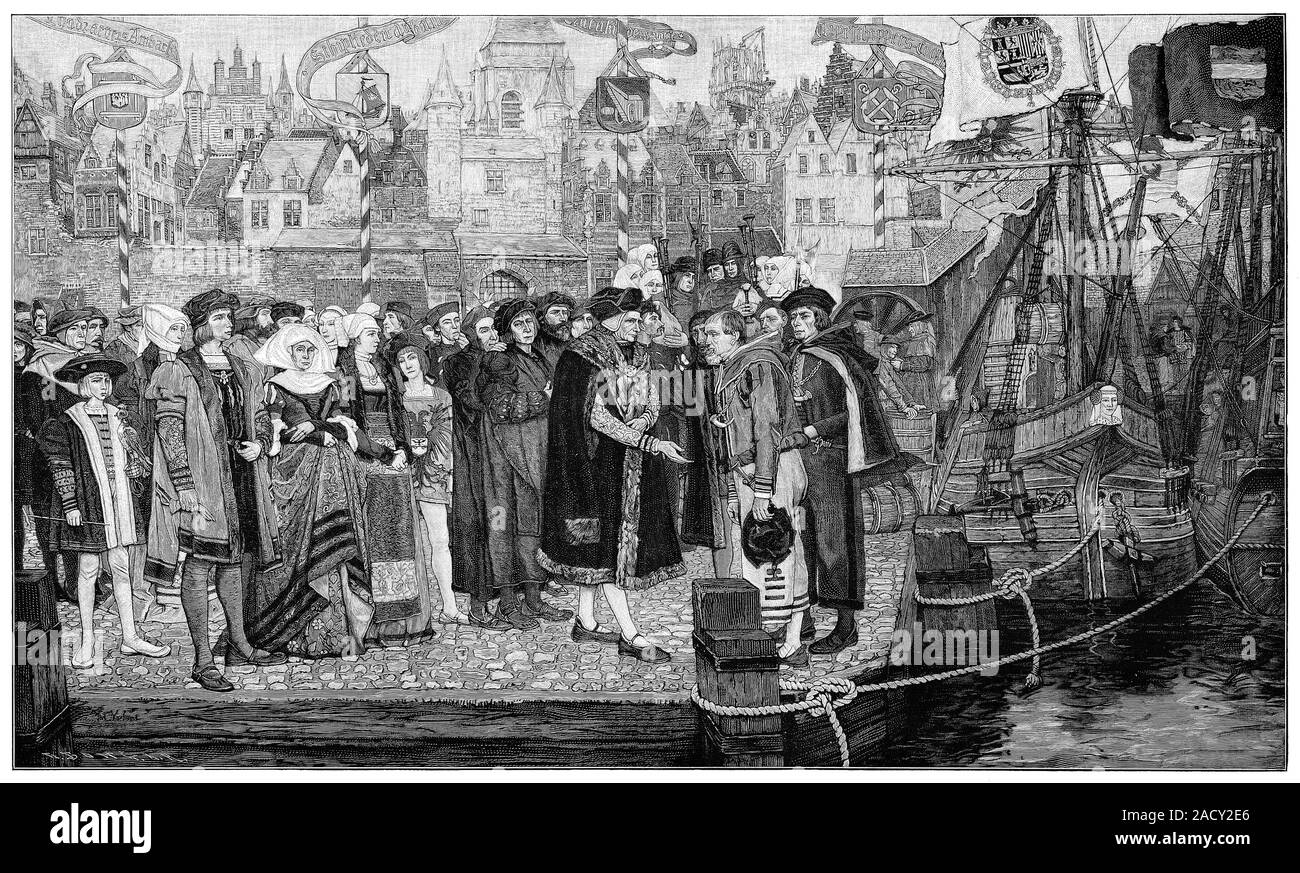 First sugar ship. Historical engraving (ca 1510-20) by Pierre Verhaert ...