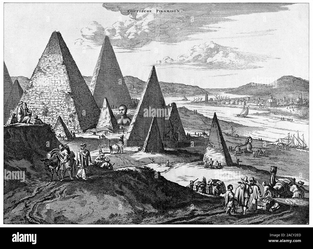 Pyramids, Ancient Egypt. 17th Century engraving of the pyramids of ...