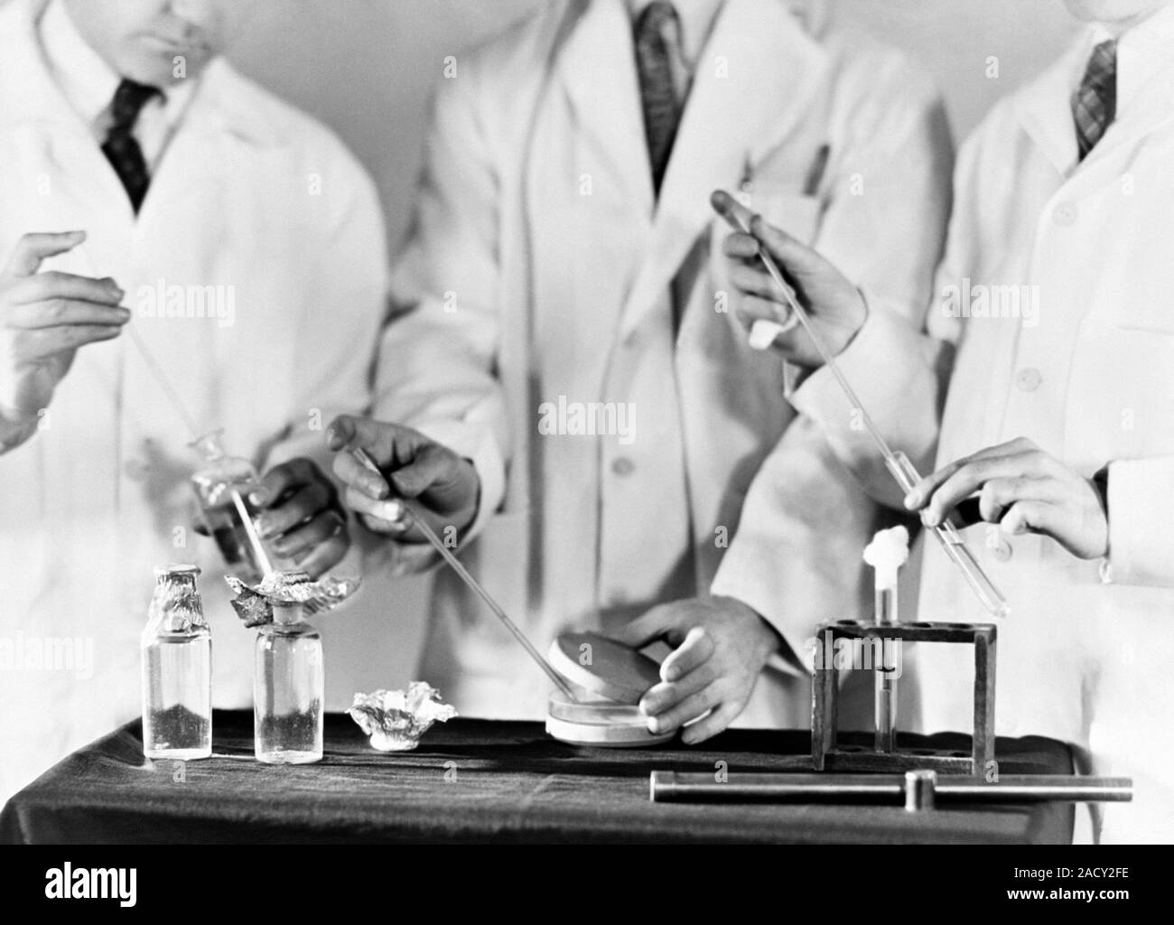 Water contamination test procedure. 1931 photograph showing the three ...