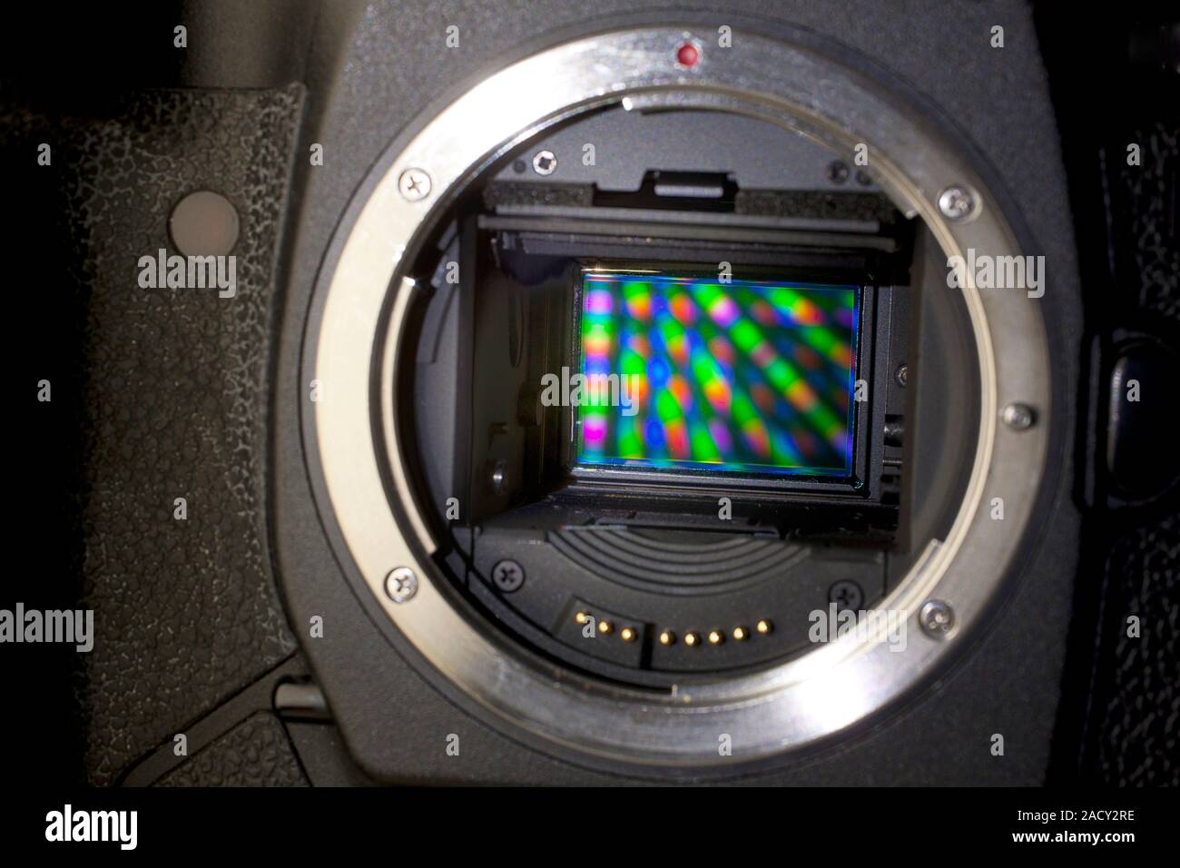 Digital camera sensor. Close-up of an SLR (single lens reflex) camera ...