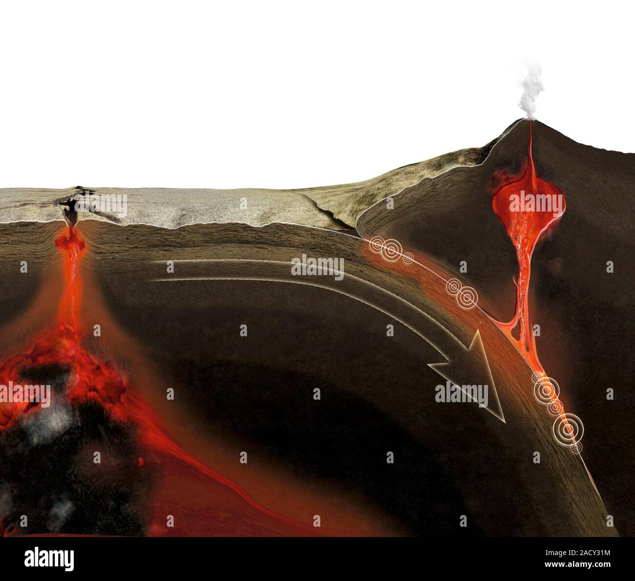 Formation of a volcano. Computer artwork showing a volcano forming ...
