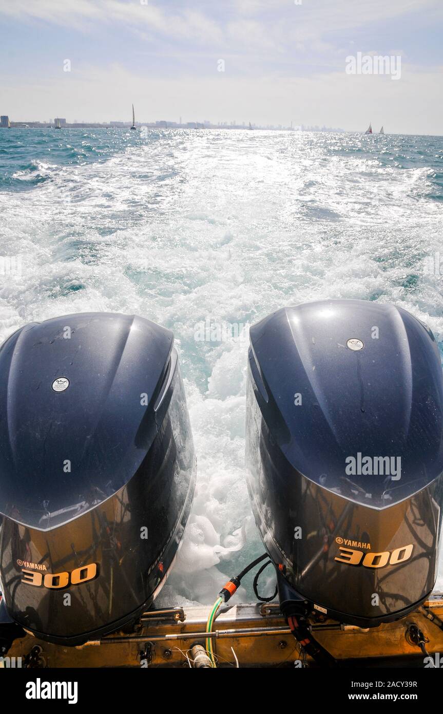 Two outboard engines on a motorboat Stock Photo - Alamy