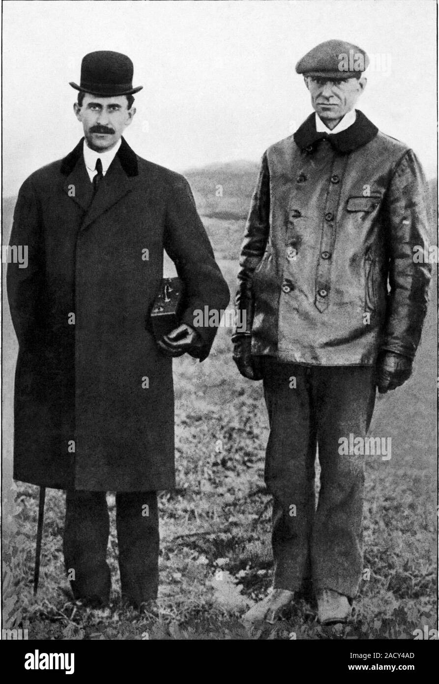 Wright brothers, US aviation pioneers. Wilbur (1867-1912, right) and Orville (1871-1948, left ...