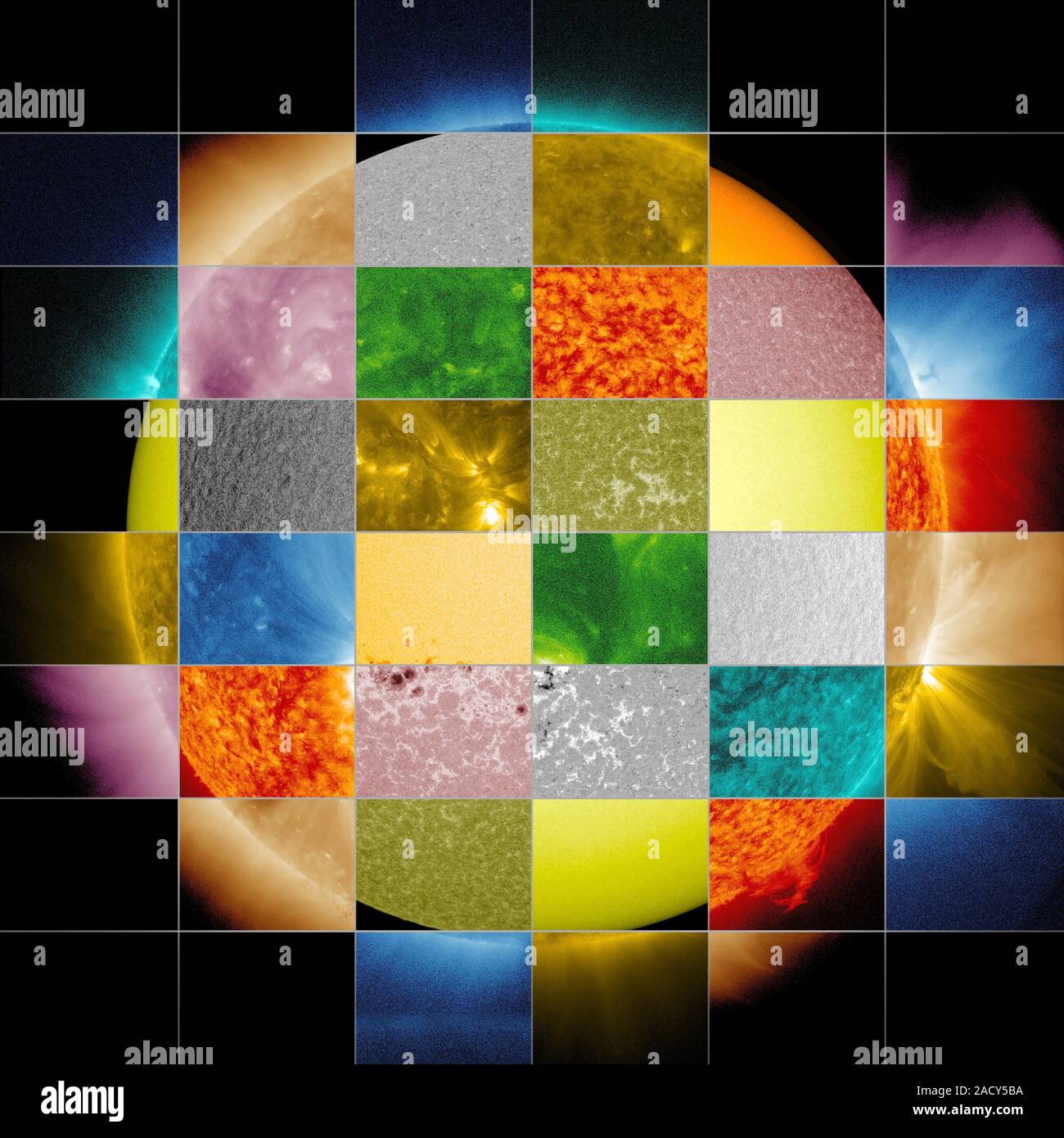 Sun observed at different wavelengths. Collage of solar images from ...