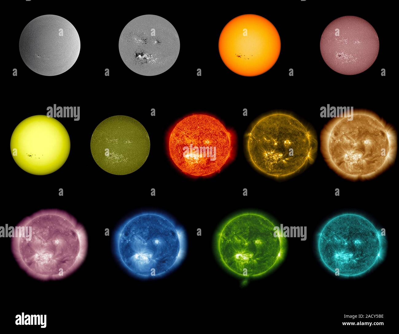 Sun observed at different wavelengths. Collage of solar images from ...