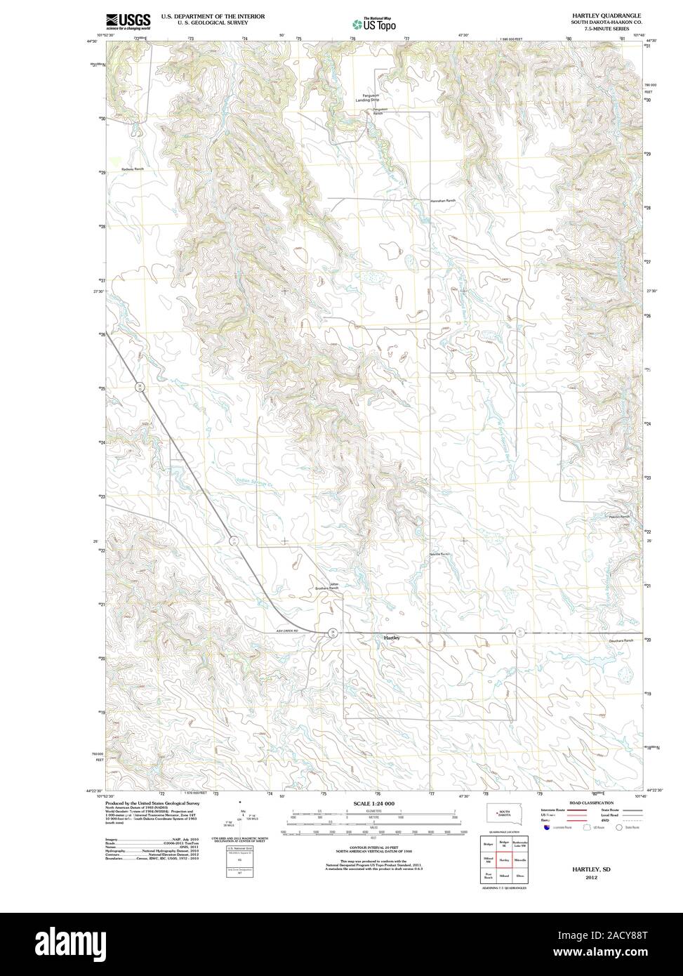 USGS TOPO Map South Dakota SD Hartley 20120622 TM Restoration Stock ...
