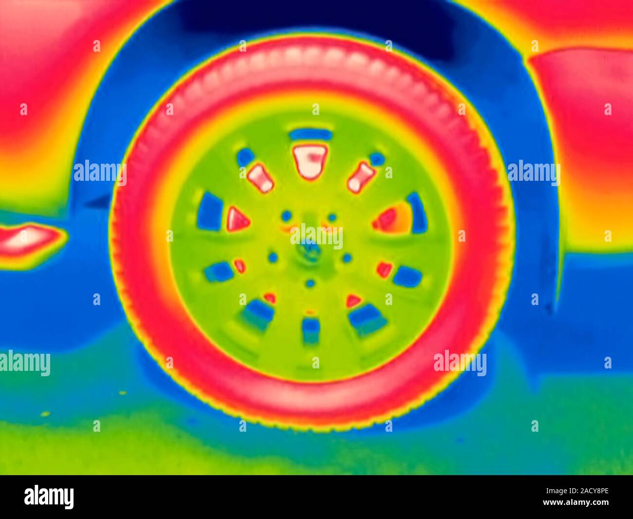 Thermogram of a car wheel immediately after driving. The temperature ...