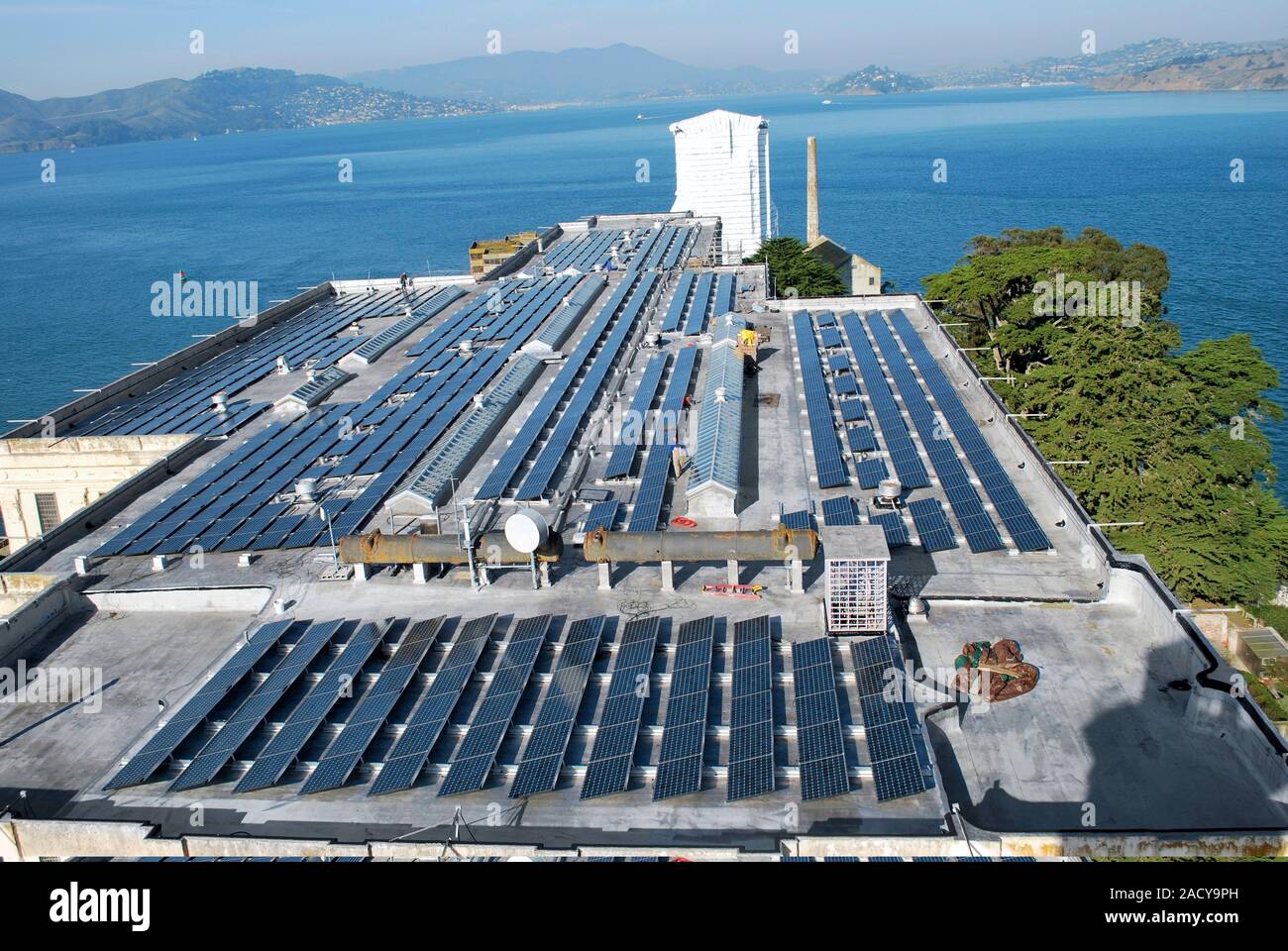 Solar power at Alcatraz. View showing arrays of solar panels on the ...