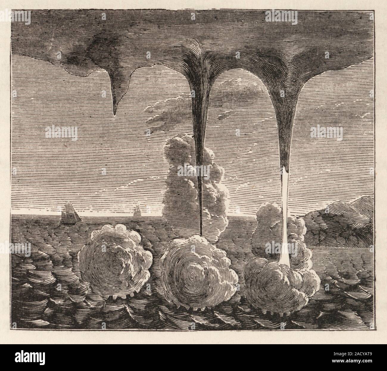 Waterspout formation. 19th-century artwork showing a waterspout forming ...
