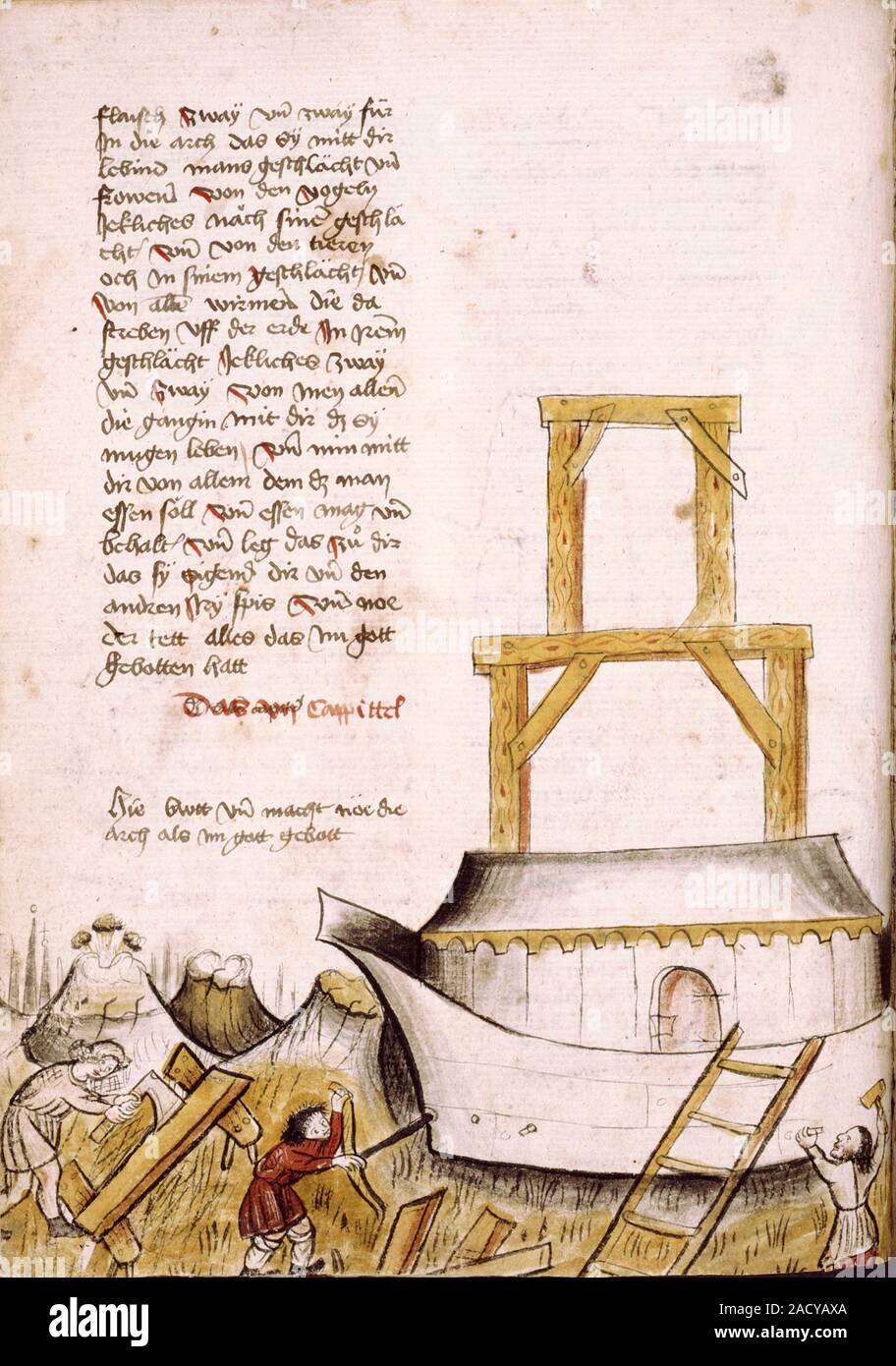 Building the Ark. Medieval religious manuscript depicting the building ...