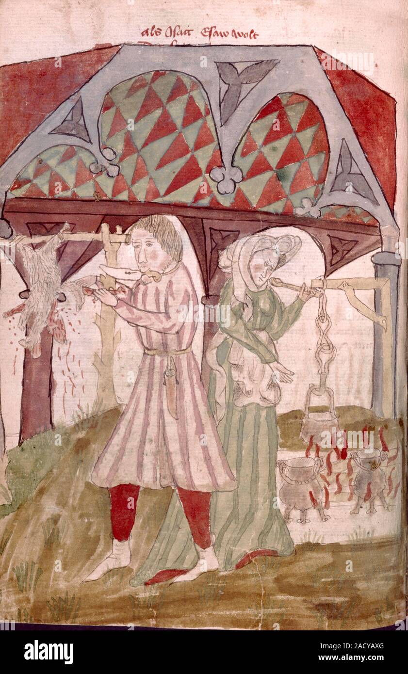 Medieval cooking. Medieval manuscript with an image depicting a man ...