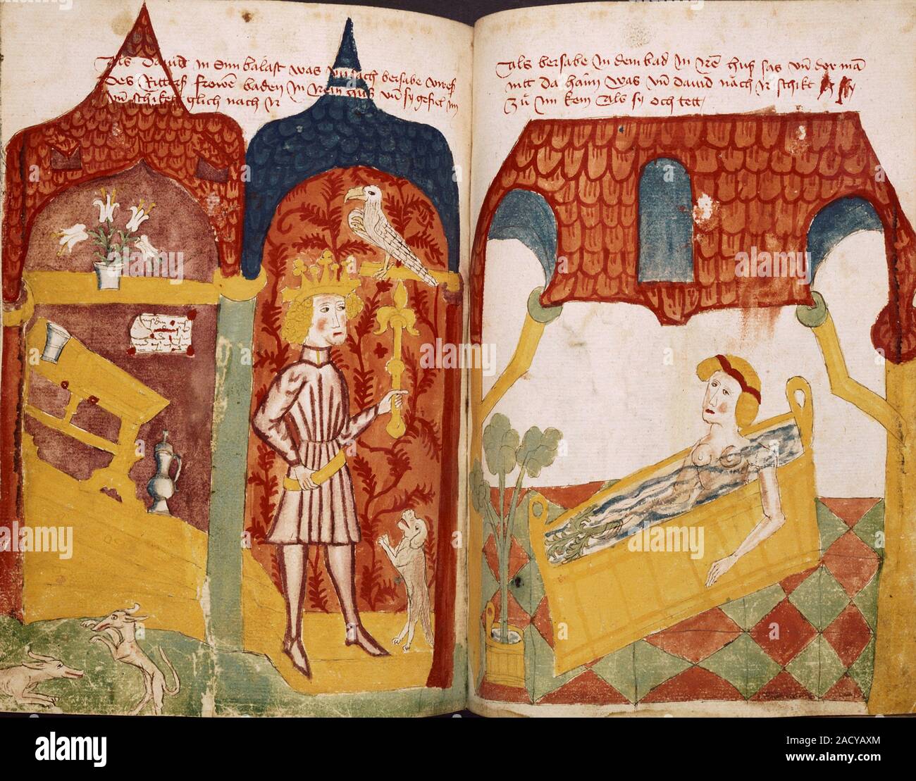 David and Bathsheba. Medieval religious manuscript depicting David ...