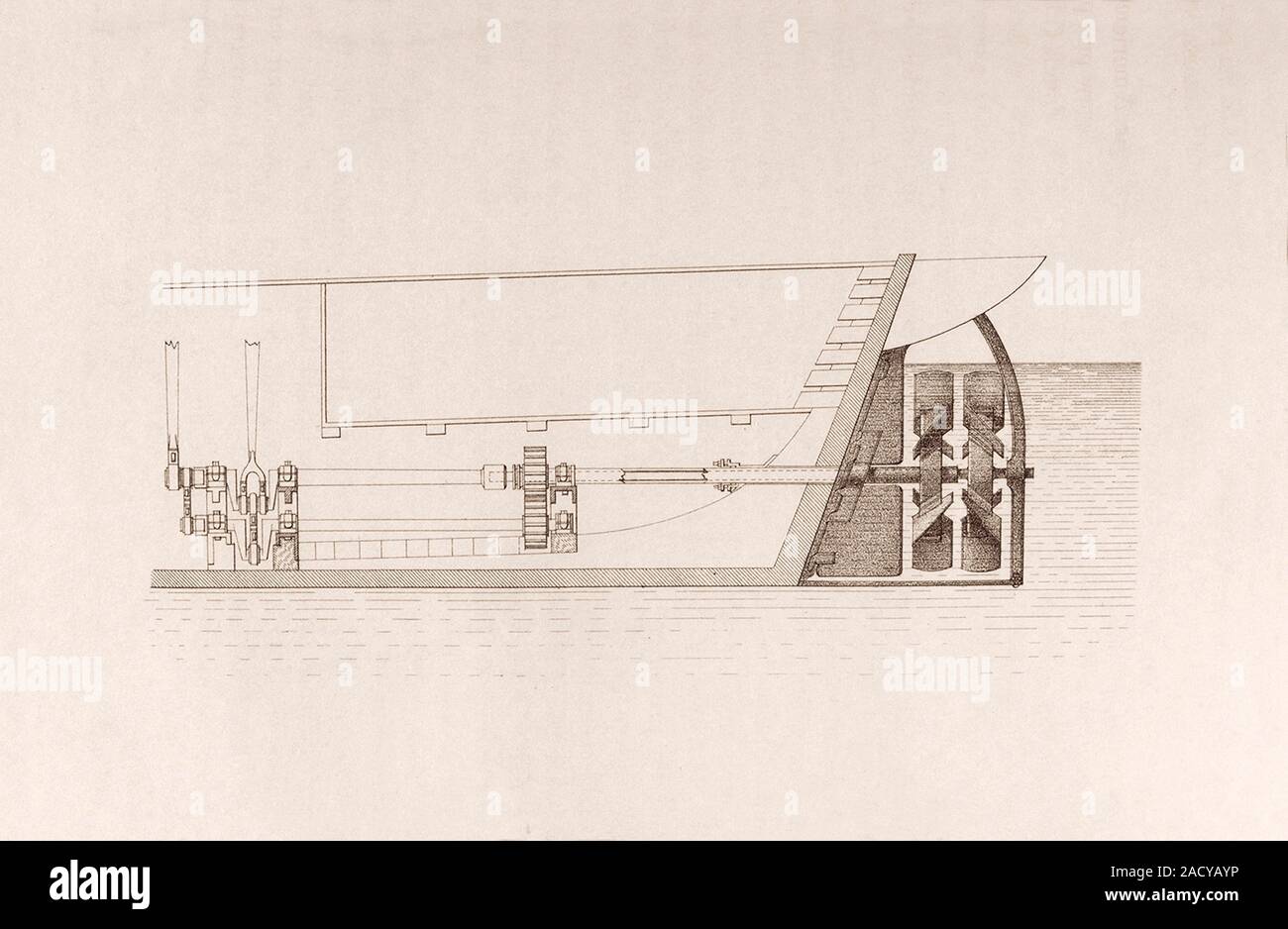 Screw-propelled ship. 1848 artwork showing the design of the screw ...