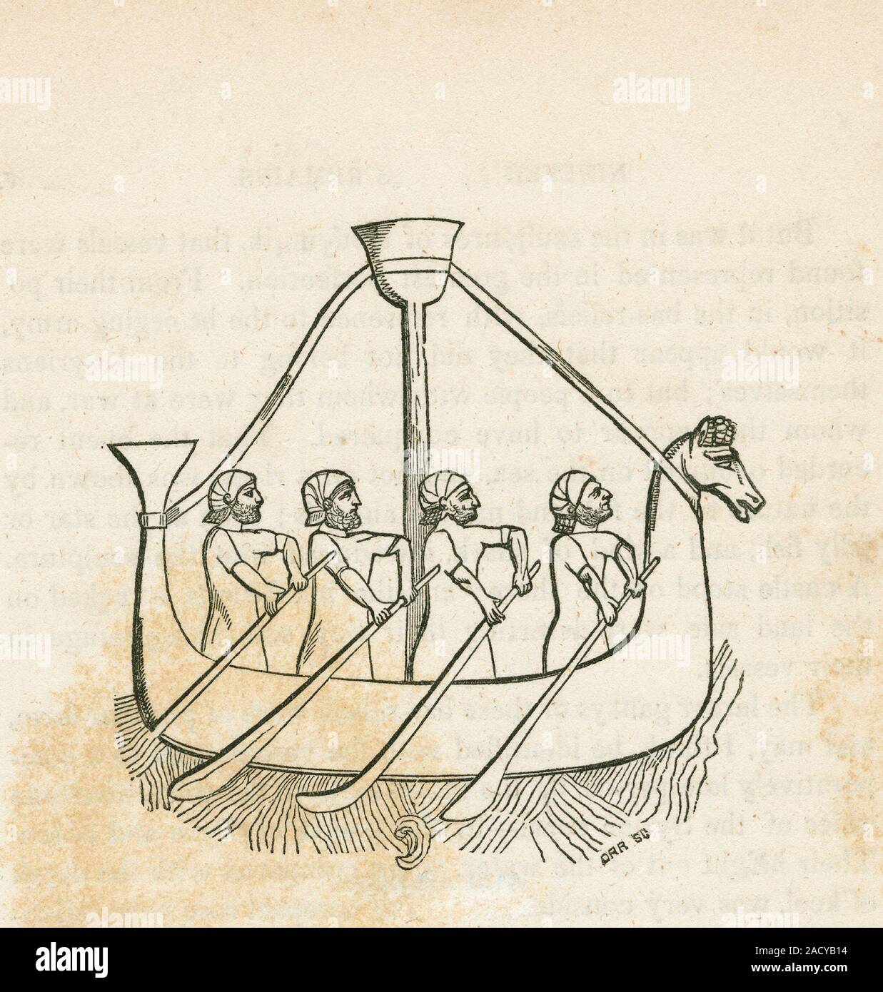 Ancient Egyptian ship. 1849 artwork showing Ancient Egyptians rowing a ...