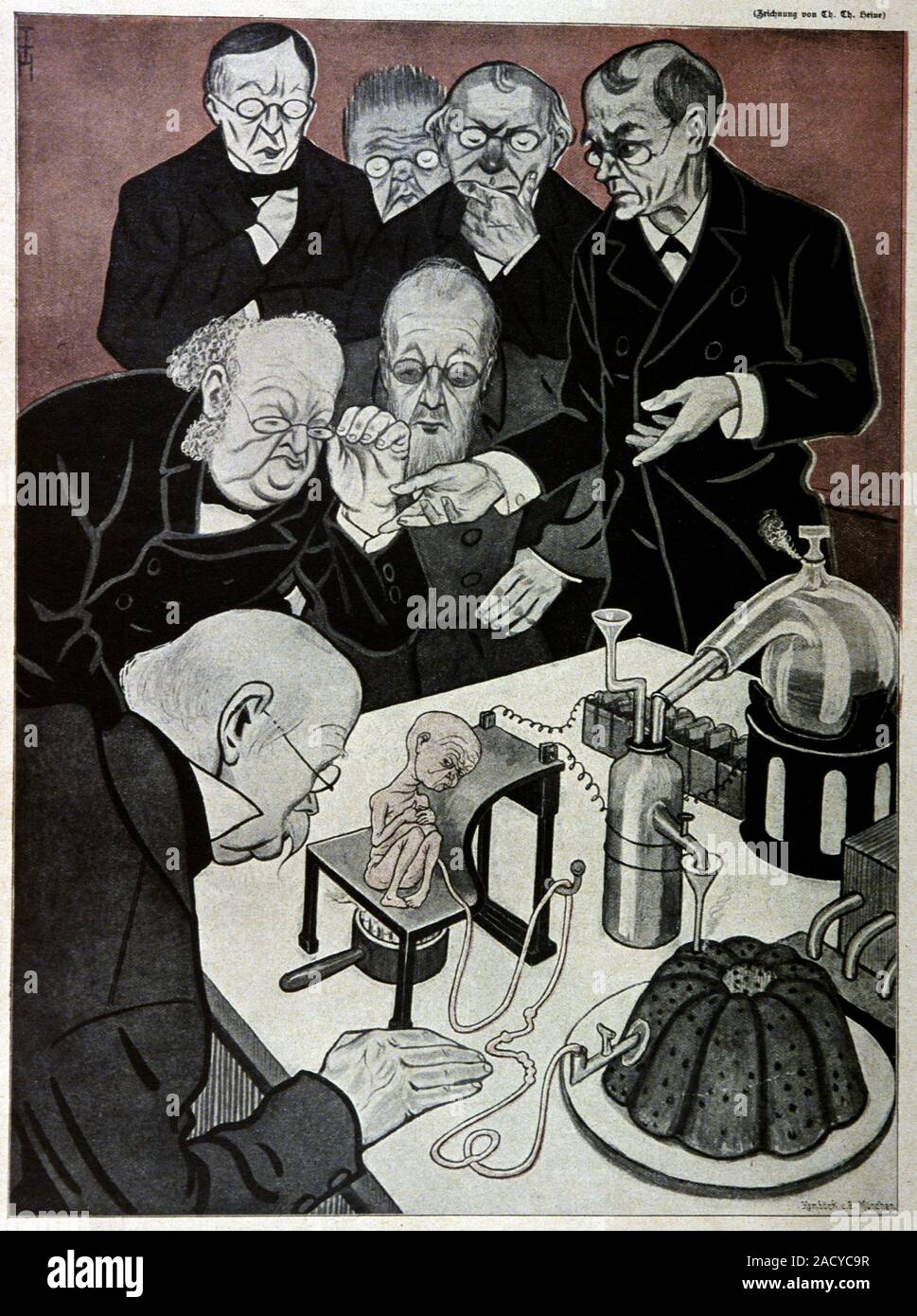 Creation of an homunculus. Historical satirical illustration by the ...