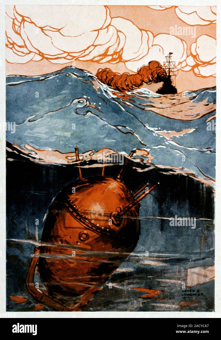 First World War naval mine. Historical illustration of a ship ...