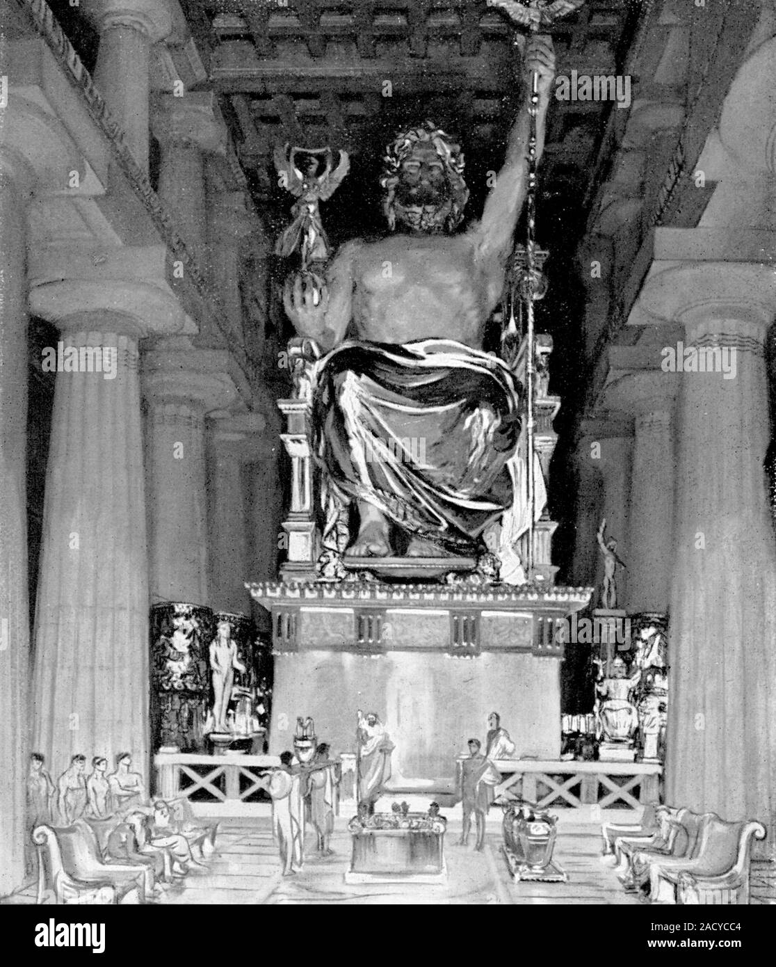 Statue of Zeus at Olympia, historical illustration. This statue was one of the Seven Wonders of ...