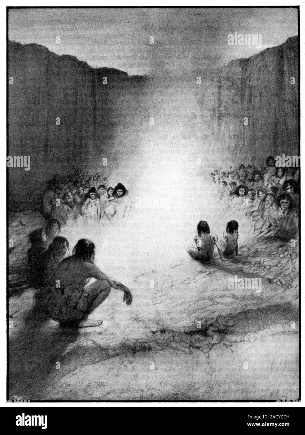 Prehistoric tribe around a fire. Historical illustration of a group of ...