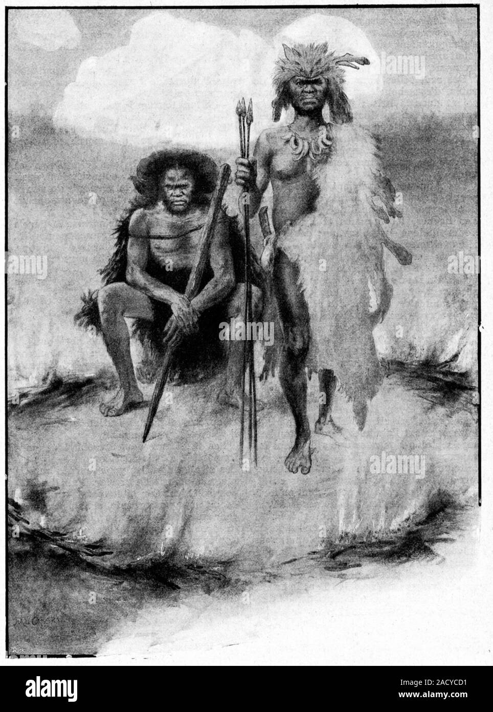 Prehistoric tribesmen. Historical illustration of two prehistoric men ...