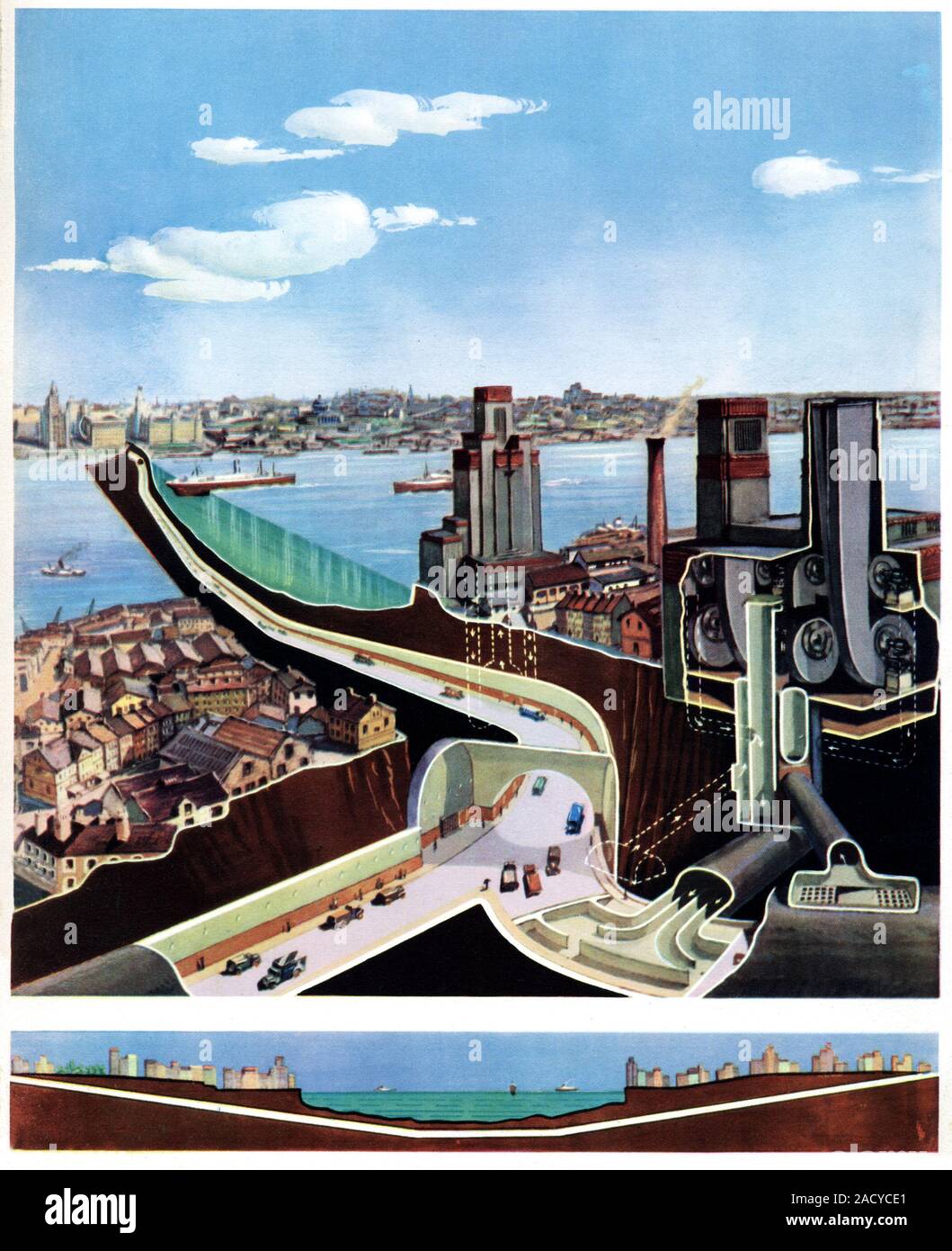 Queensway Tunnel. Historical illustration showing the layout of the ...